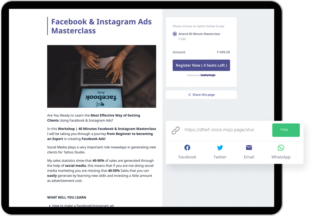 Instamojo smart landing pages builder for eCommerce business